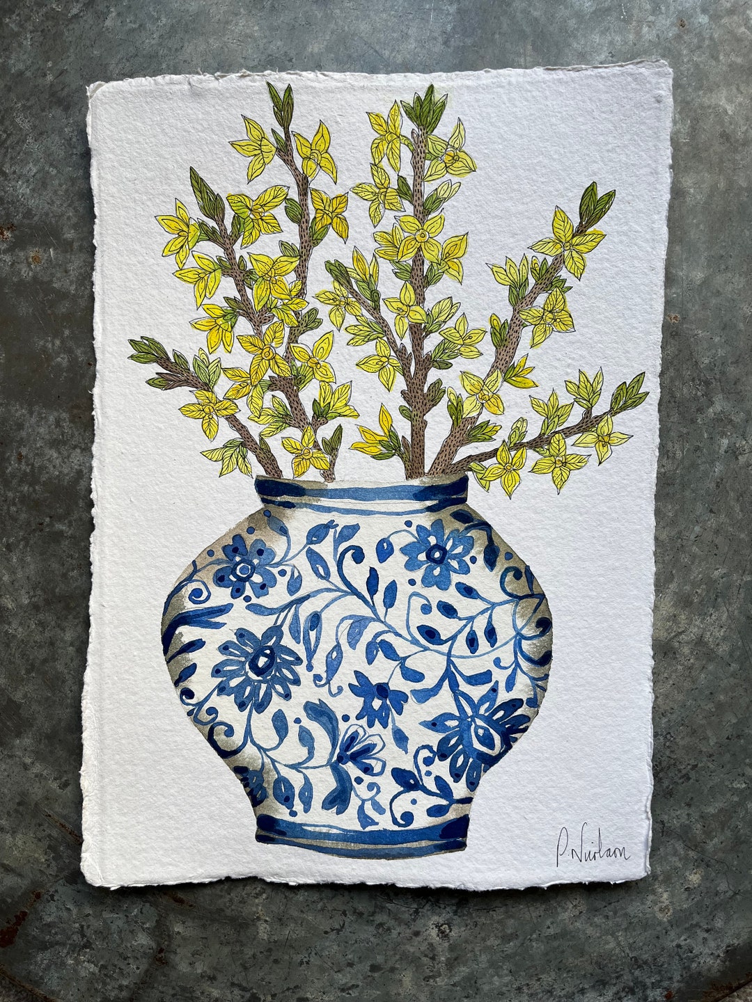 Original, A4 approx Watercolour and Ink Painting of Forsythia in a ...
