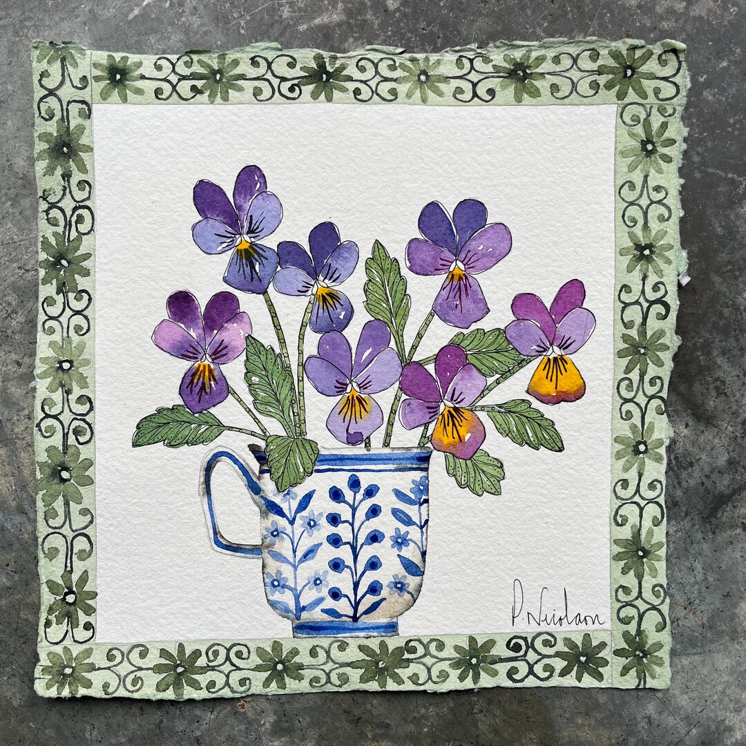 Original Watercolour and Ink Painting of Viola Flowers in a Blue and ...