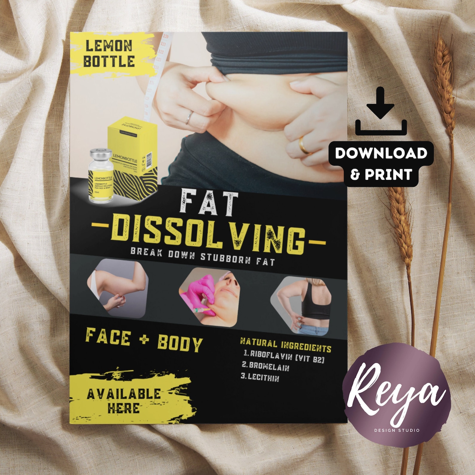 Fat Dissolving Poster DOWNLOAD PDF JPEG - Lemon Bottle Salon Flyer ...