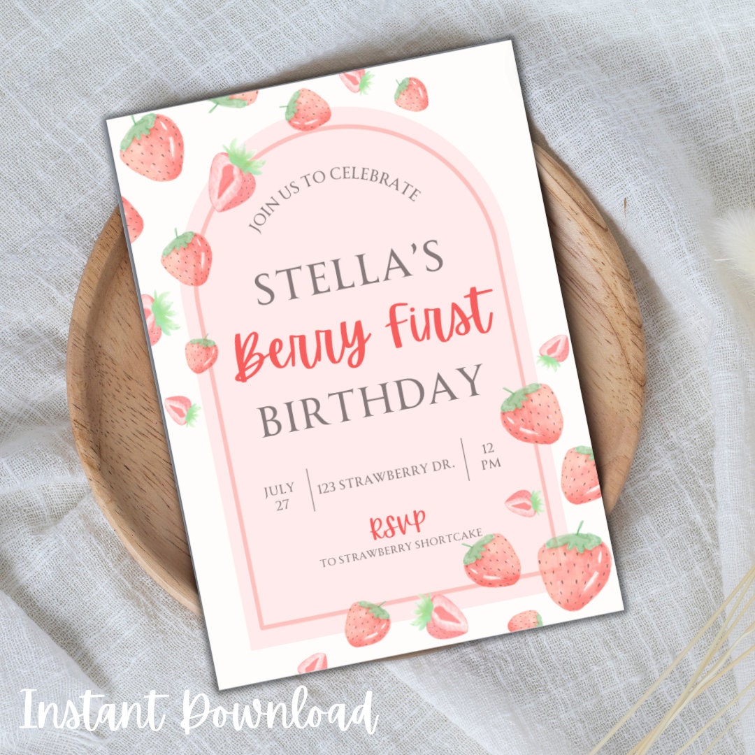 Berry 1st Birthday Invitation Template, 1st Birthday, Strawberry ...
