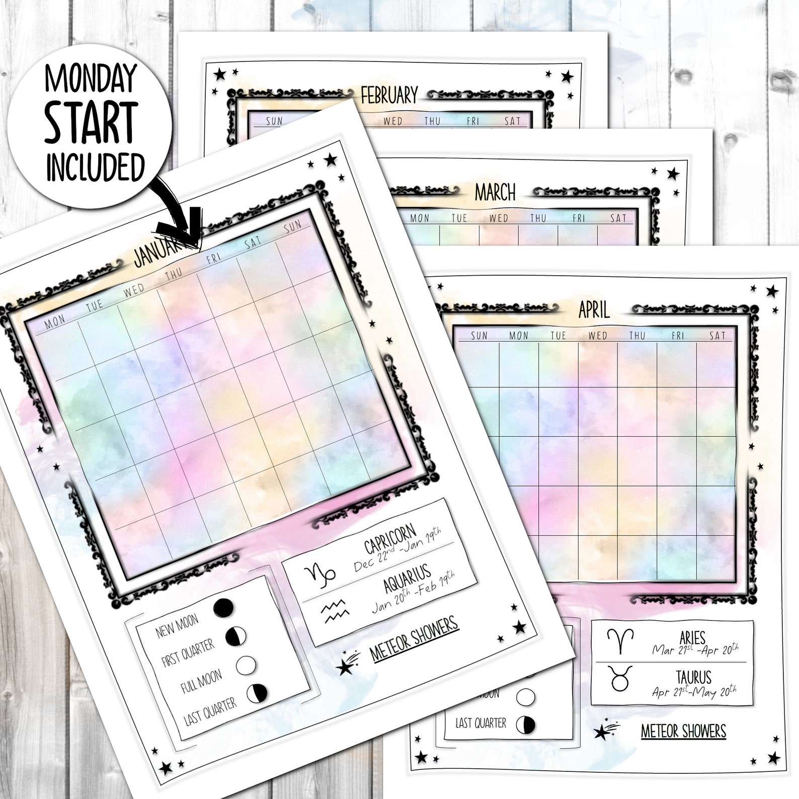 Undated Calendar Monthly Overview Lunar Calendar Astronomical Zodiac ...