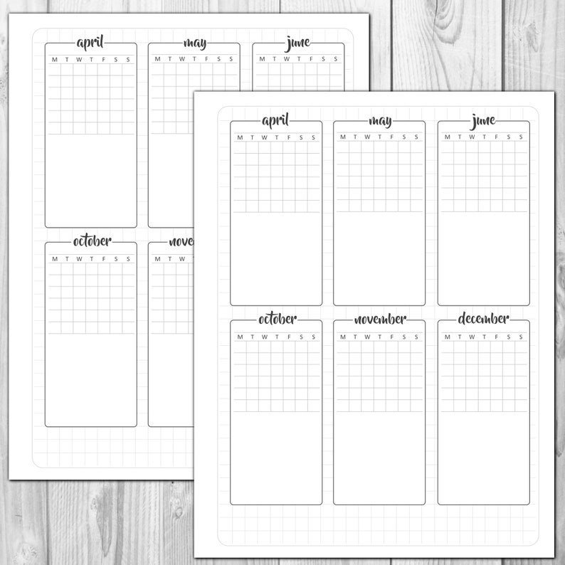 12 Month Overview Printable: Sunday and MONDAY Start, Instant Download ...