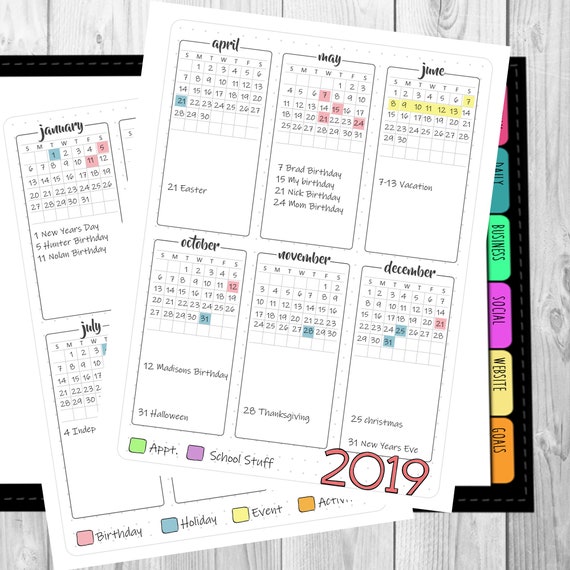 Paper Events Colorful Printable undated 12 Month Monday start Bullet ...