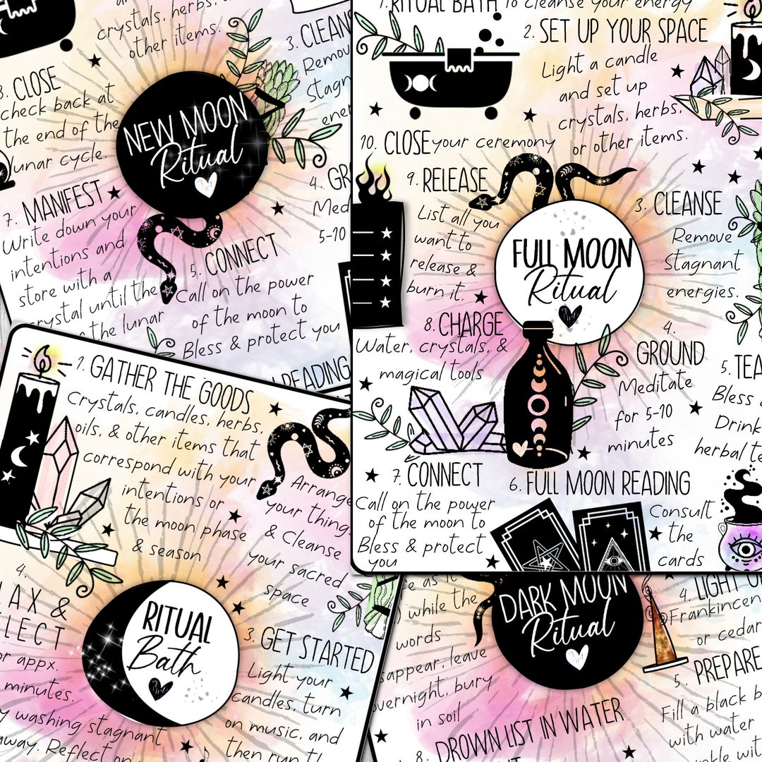Ritual Cards New Moon Full Moon Dark Moon Ritual Bath Grimoire Cheat ...
