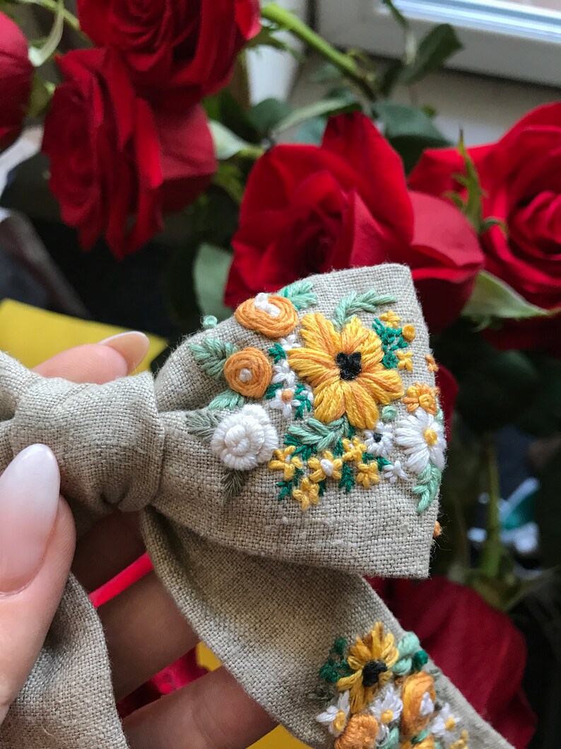 Gray Linen Hand Embroidered Hair Bow Barrette for Girls - Etsy Canada