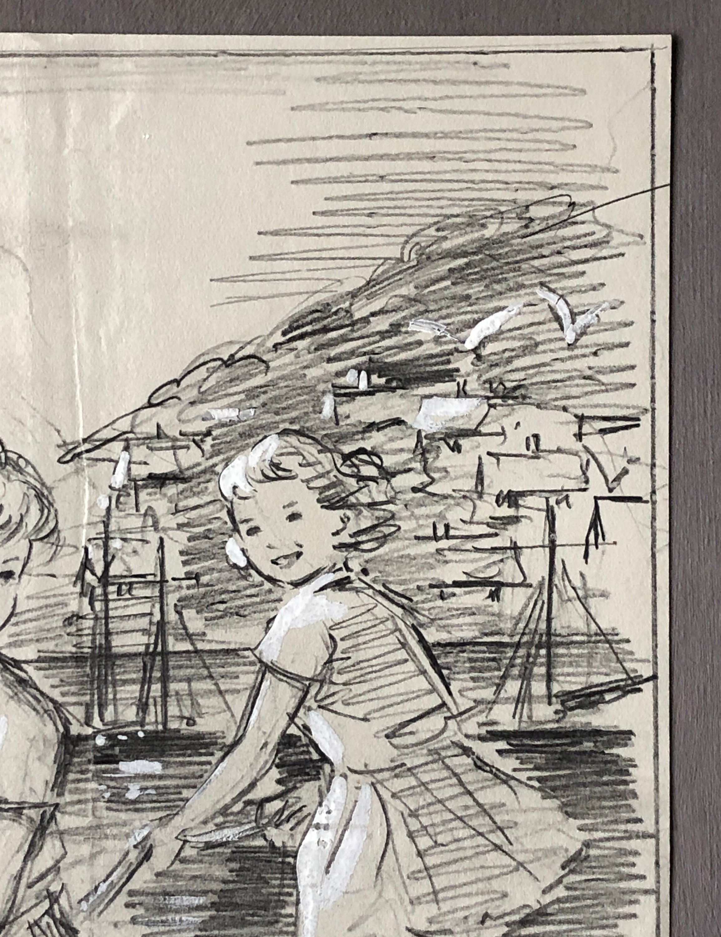 An Original Illustration From the 1950’s. Children Playing by the Sea ...