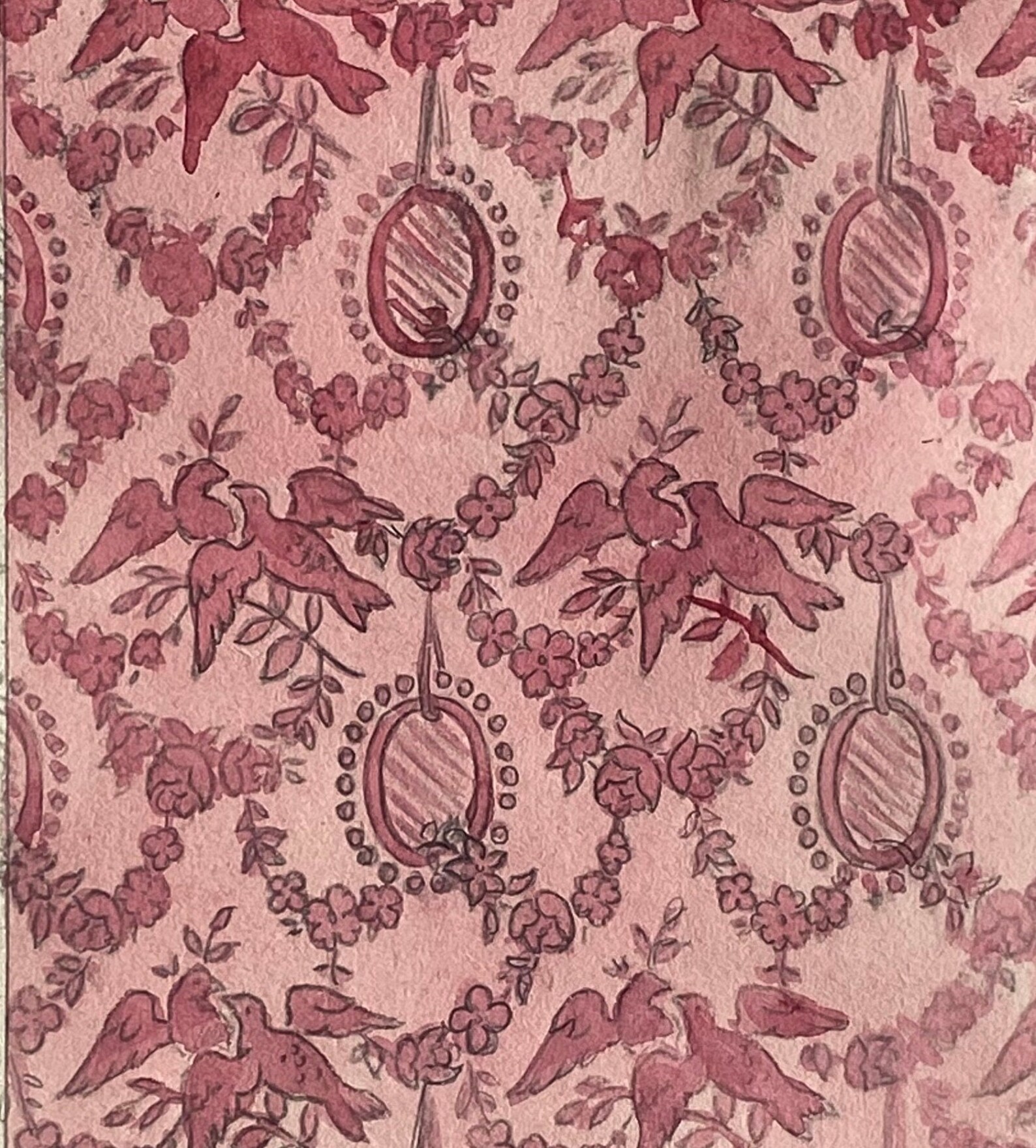 An Original Antique French Textile Design. Pink Doves. Hand Painted ...