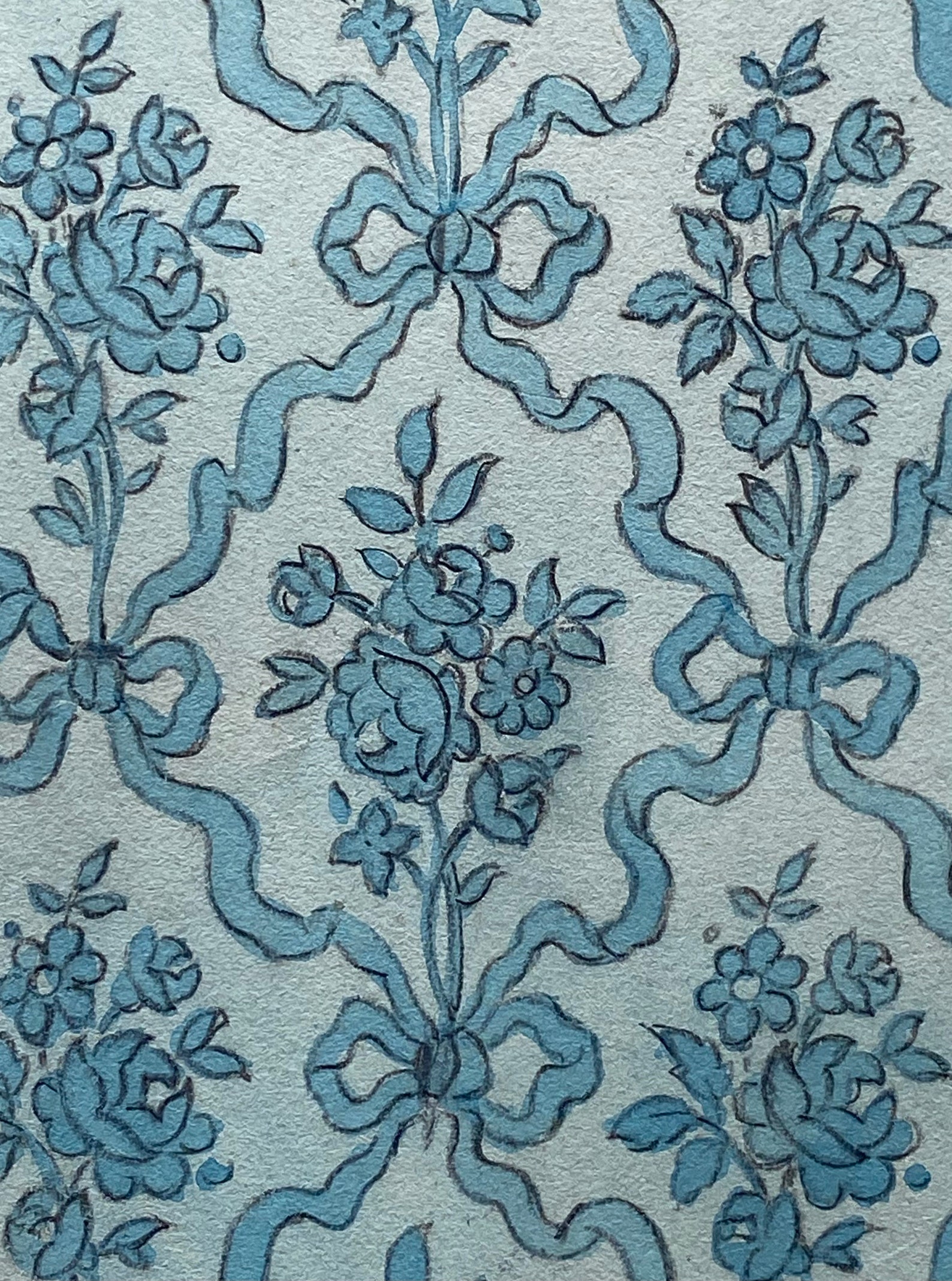 An Original Antique French Textile Design. Pale Blue Posies and Ribbons ...