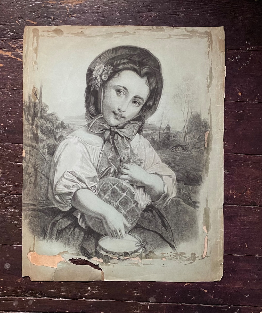 A Original Charcoal Drawing of A Girl in a Rustic Setting. Large. A ...