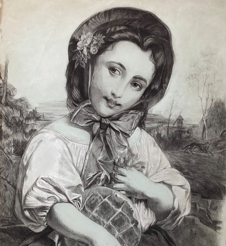 A Original Charcoal Drawing of A Girl in a Rustic Setting. Large. A ...