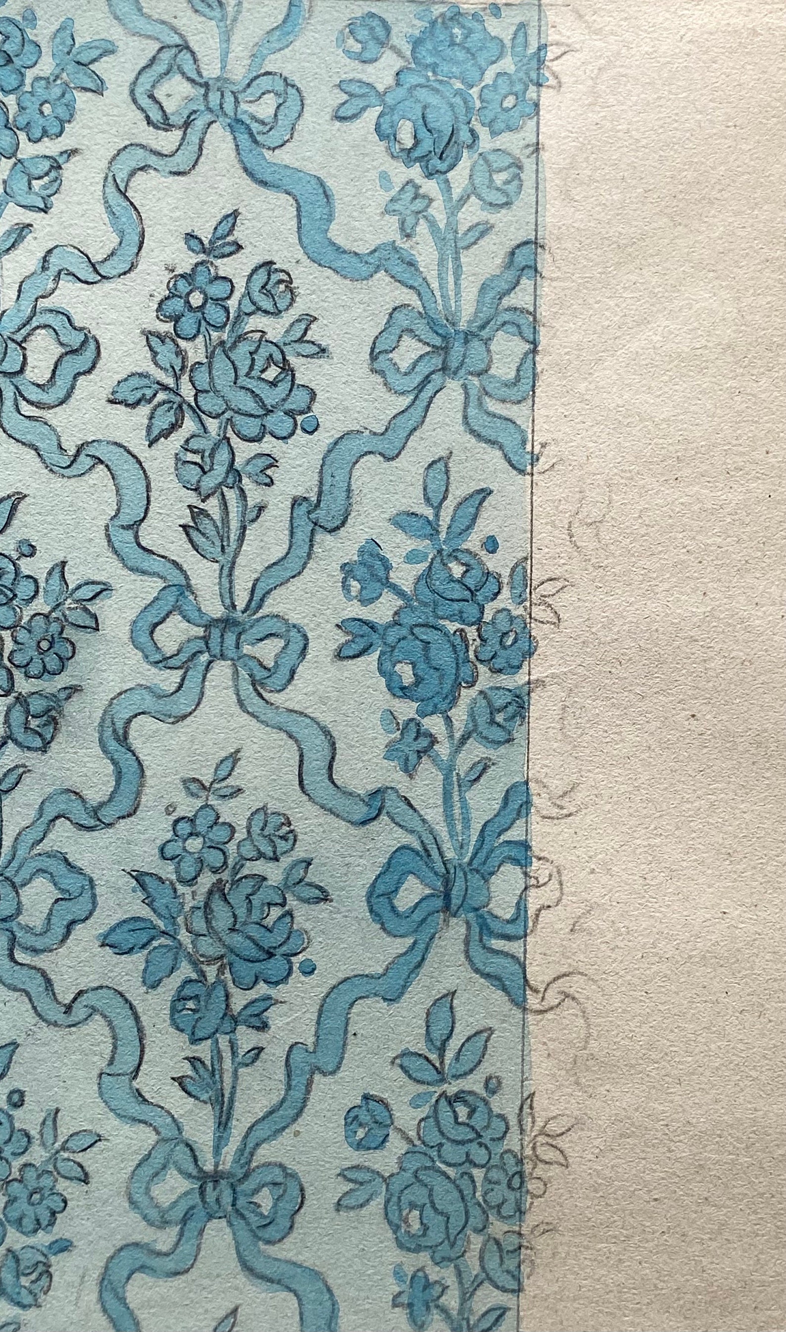 An Original Antique French Textile Design. Pale Blue Posies and Ribbons ...