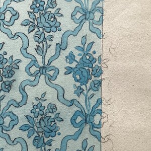 An Original Antique French Textile Design. Pale Blue Posies and Ribbons ...