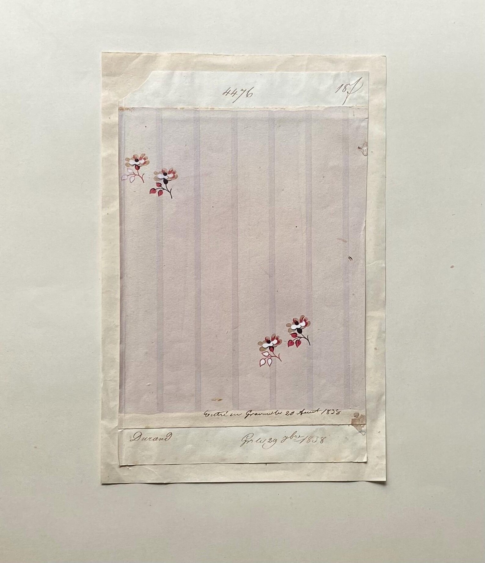 A Handpainted 19th Century French Textile Design. Dated 1838. Mounted ...