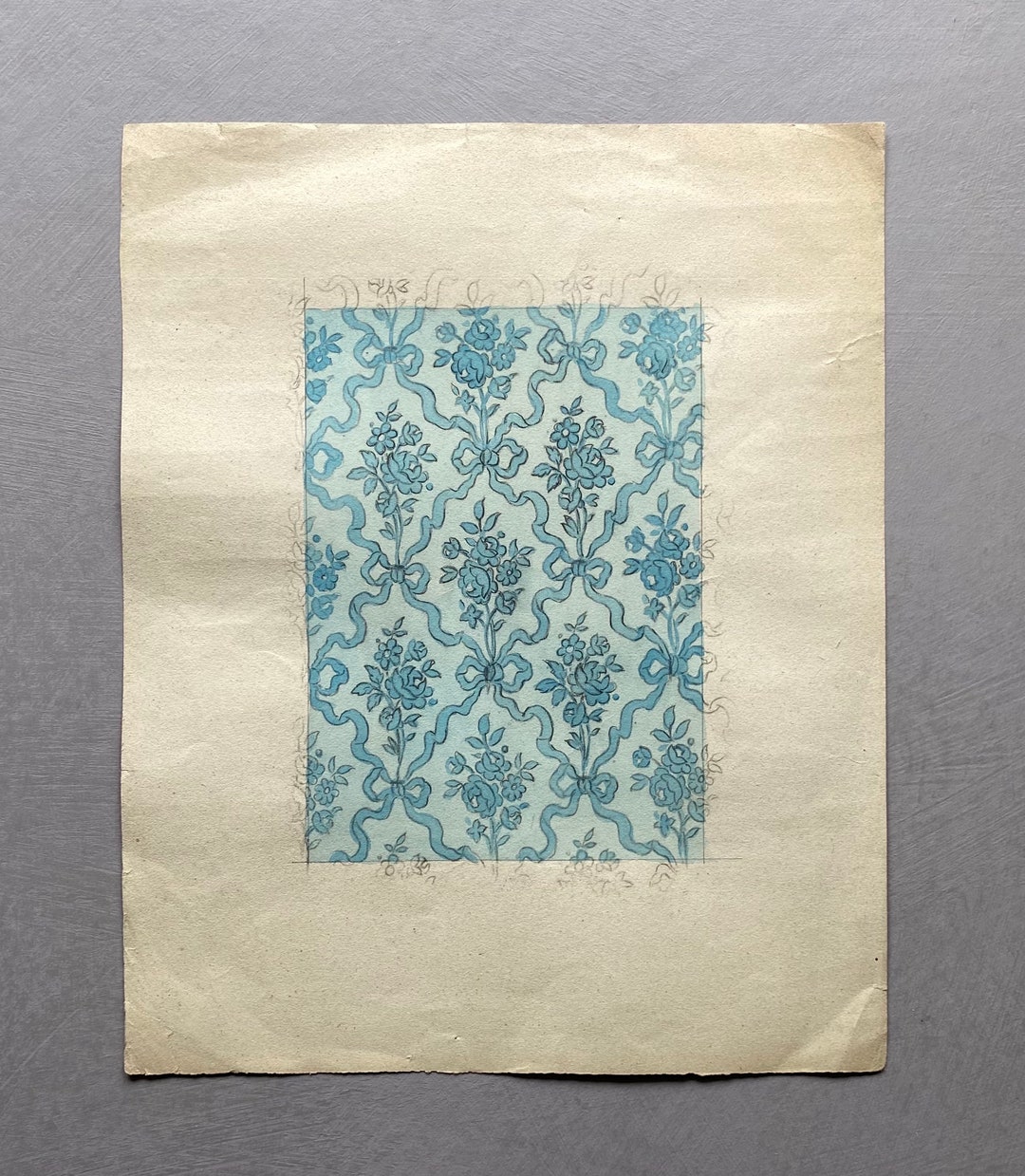 An Original Antique French Textile Design. Pale Blue Posies and Ribbons ...