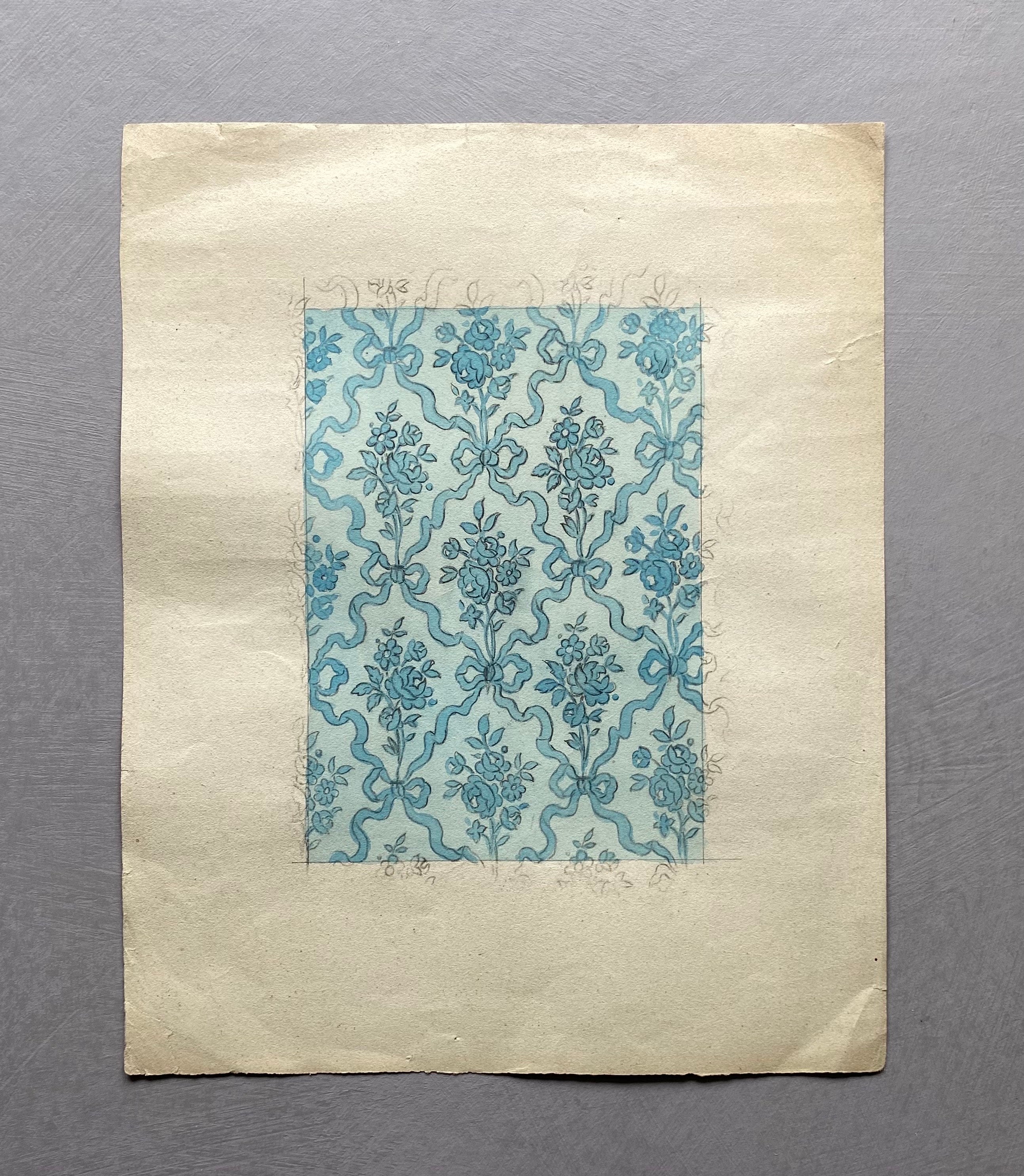 An Original Antique French Textile Design. Pale Blue Posies and Ribbons ...