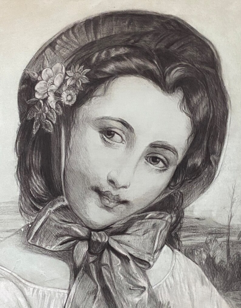A Original Charcoal Drawing of A Girl in a Rustic Setting. Large. A ...