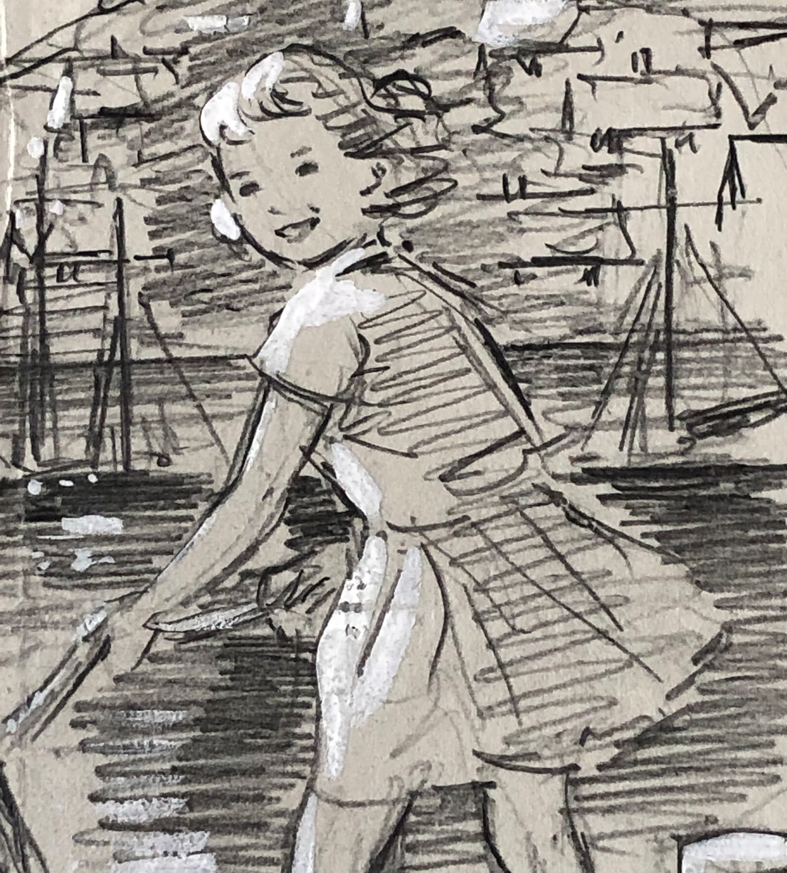 An Original Illustration From the 1950’s. Children Playing by the Sea ...