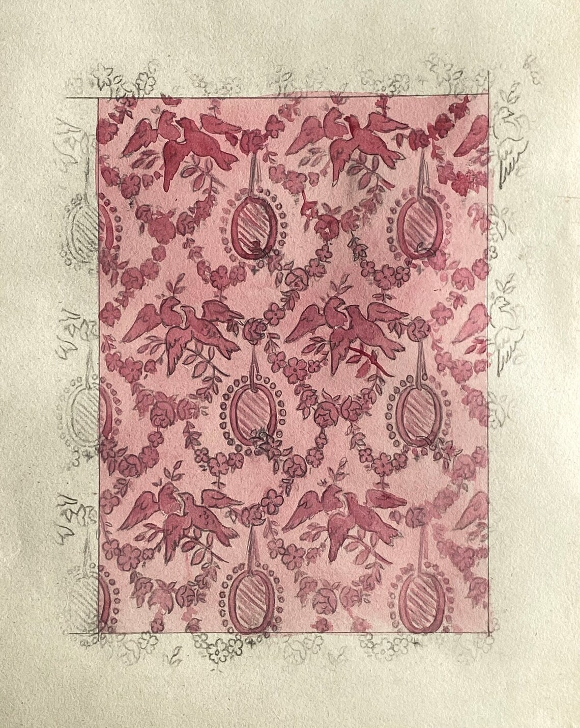 An Original Antique French Textile Design. Pink Doves. Hand Painted ...