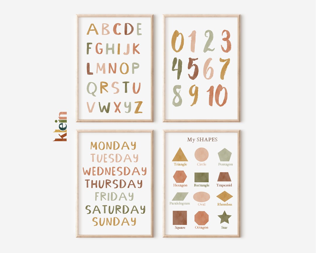 Educational Nursery Prints, Alphabet, Numbers, Shapes, Days (set of 4 ...