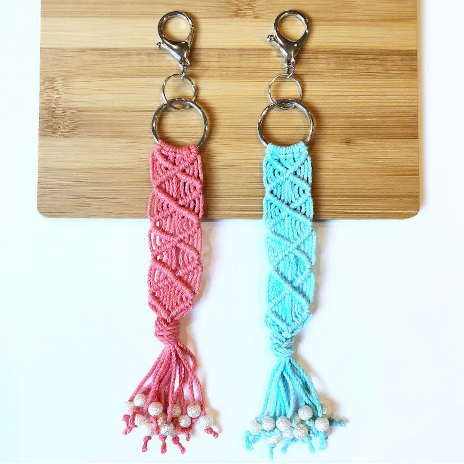 Blue, Pink Macrame Keychain, Fiber Art Woven Macrame Keychain, Boho ...