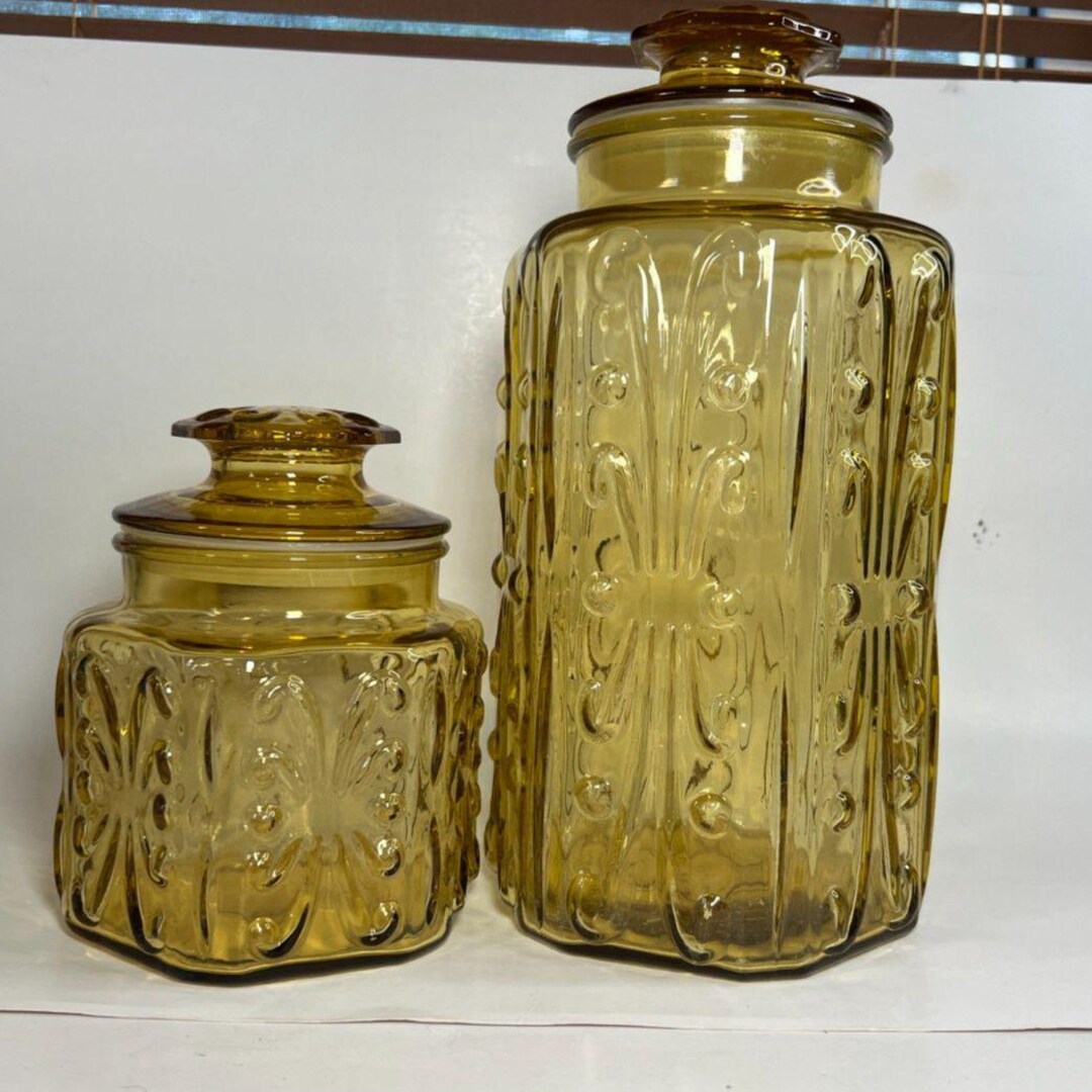 2 L. E. Smith Imperial Amber Glass Atterbury Scroll Canister - Etsy