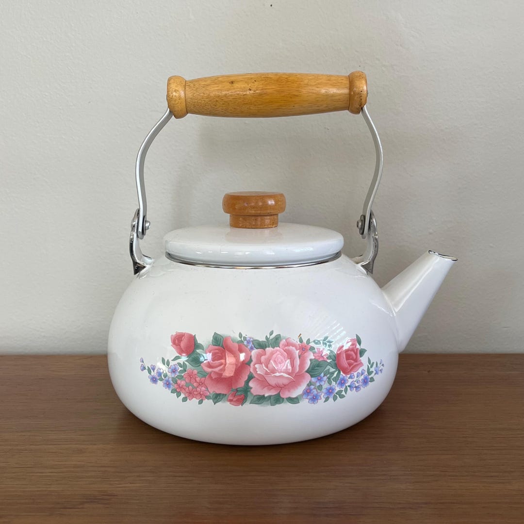 Vintage White Enamel Kettle, Pink Roses, Wood Handle, Cottagecore, Cozy ...