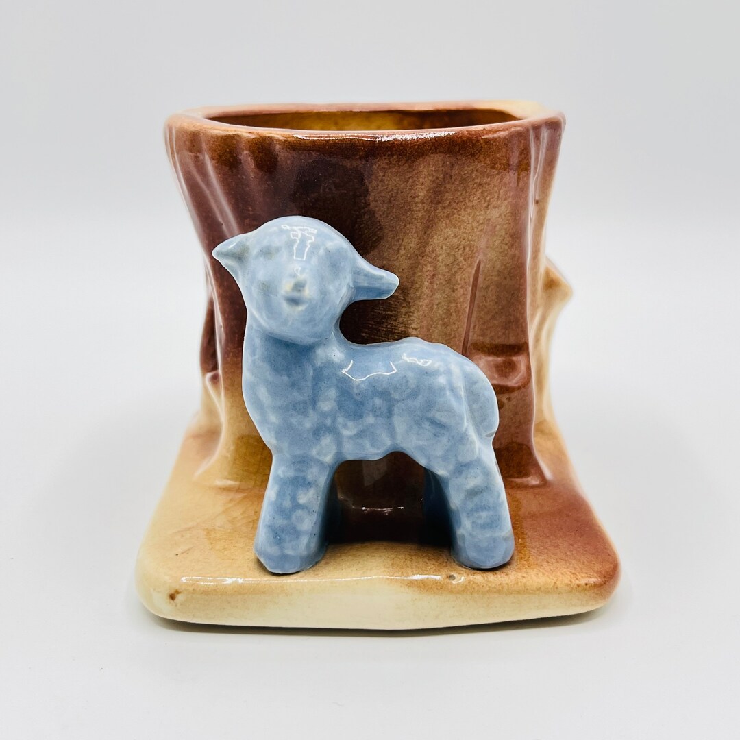 Morton Pottery Blue Lamb Planter Tree Trunk Succulent Planter Vintage ...