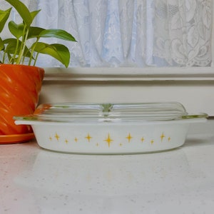 1959 Pyrex Casserole Divided Vegetable Dish in the Pyrex Constellation Pattern Vintage Atomic ...