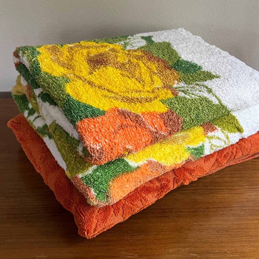Vintage Bath Towel Set, Retro, 1970s Towels, Orange, Green, Rust ...