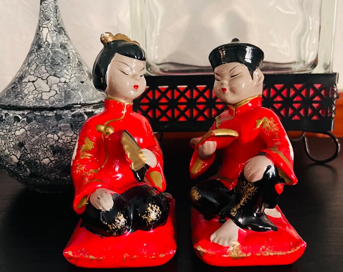 Japanese Bookends Man and Lady Red Black Gold Japan Stamped - Etsy