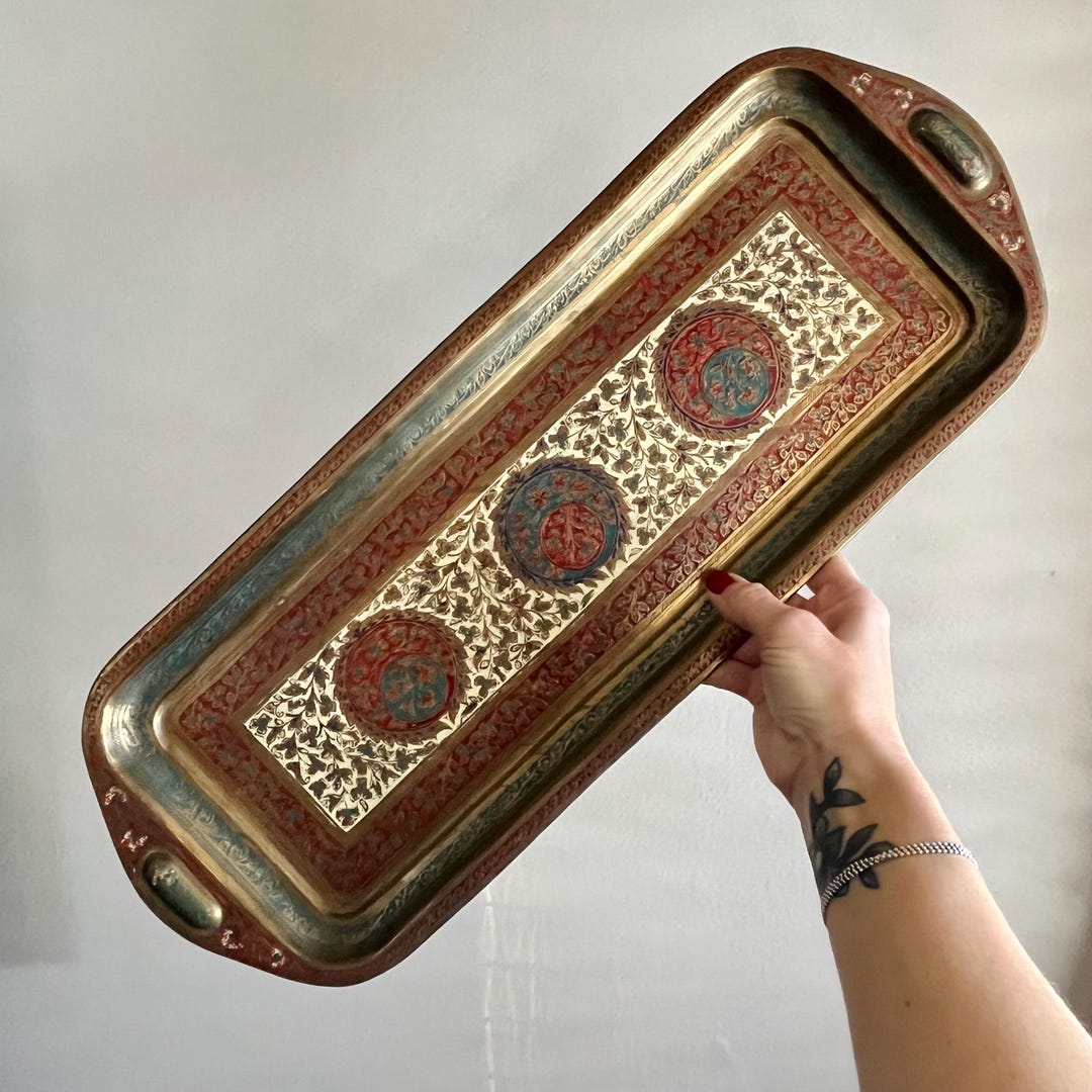 Vintage Enamel on Brass Decorative Tray, Bohemian Decor, 19 Inch ...