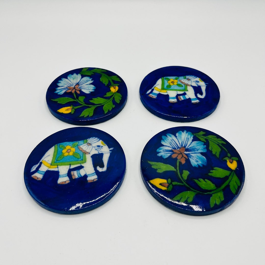 Colbalt Blue Pottery Coasters Hand Painted Elephants and Florals - Etsy