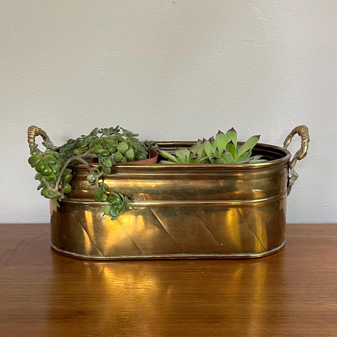 Vintage Patinated Brass Plant Pot, Brass Lion Jardiniere Planter, Mid ...