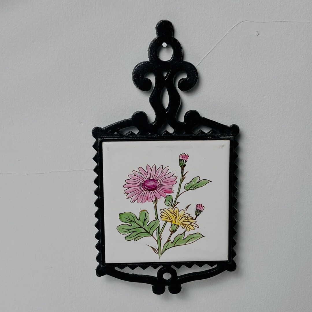 Vintage Ceramic Trivet, Cast Iron Flower Trivet, Country Kitchen Decor ...