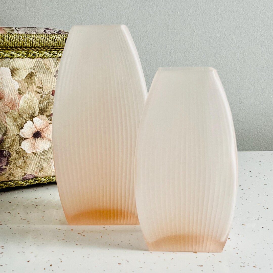 Vintage BALOS Mouth Blown Pink Satin Ribbed Art Glass Vases, Art Deco ...