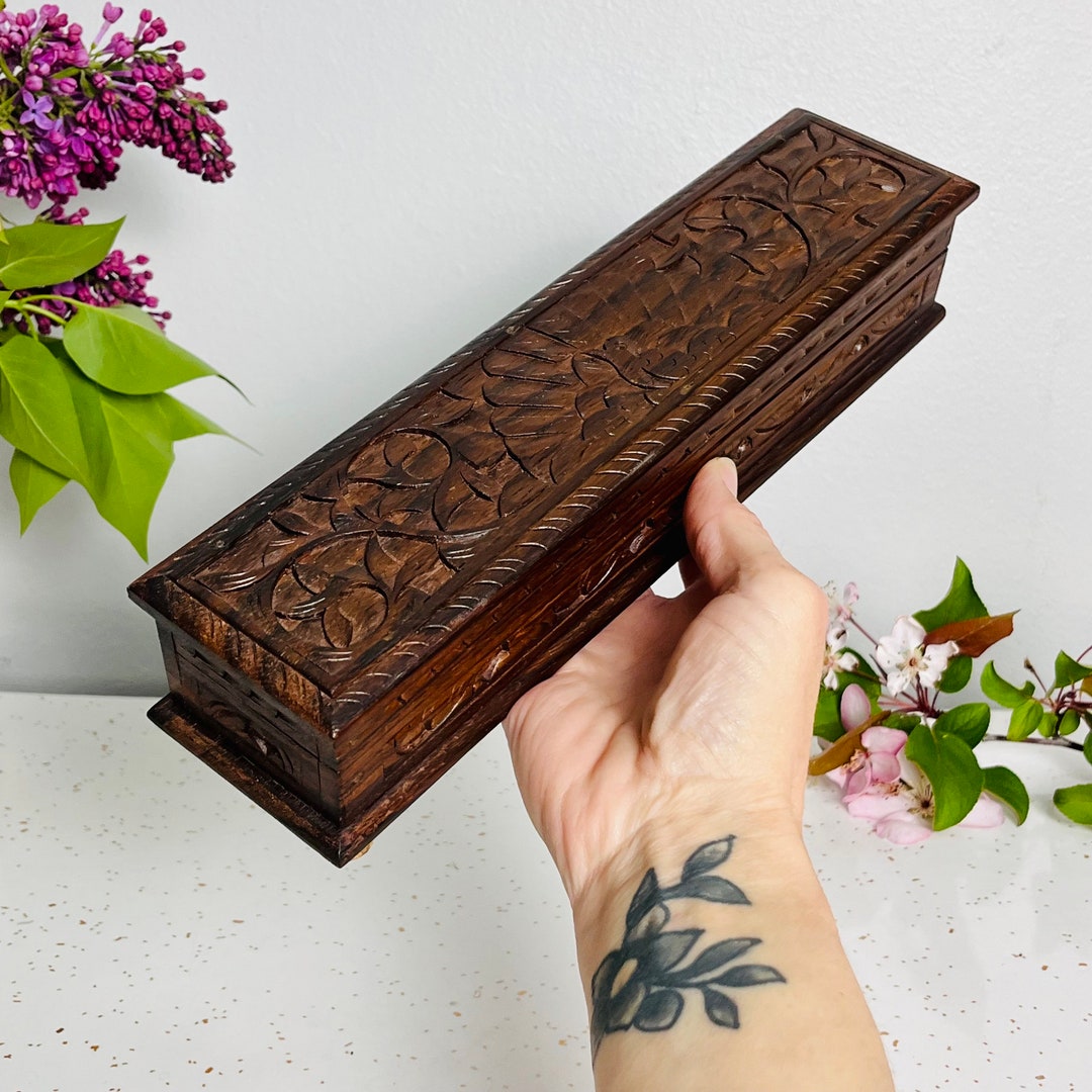 Carved Wood Box Peacock Red Velvet Mid Century Boho Decor Pencil Box ...