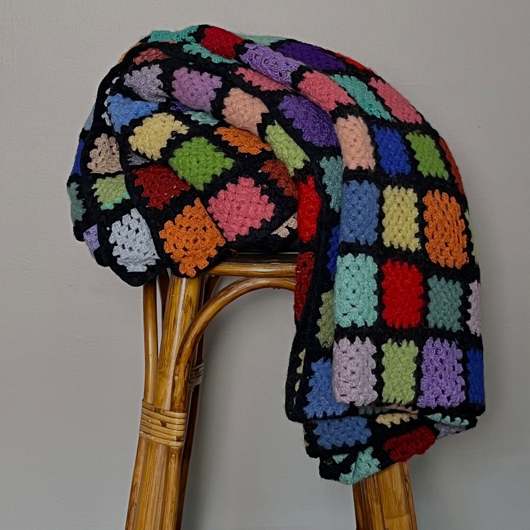 Granny Square Crocheted Afghan, Vintage Afghan, Hand Knit Multi Colored ...