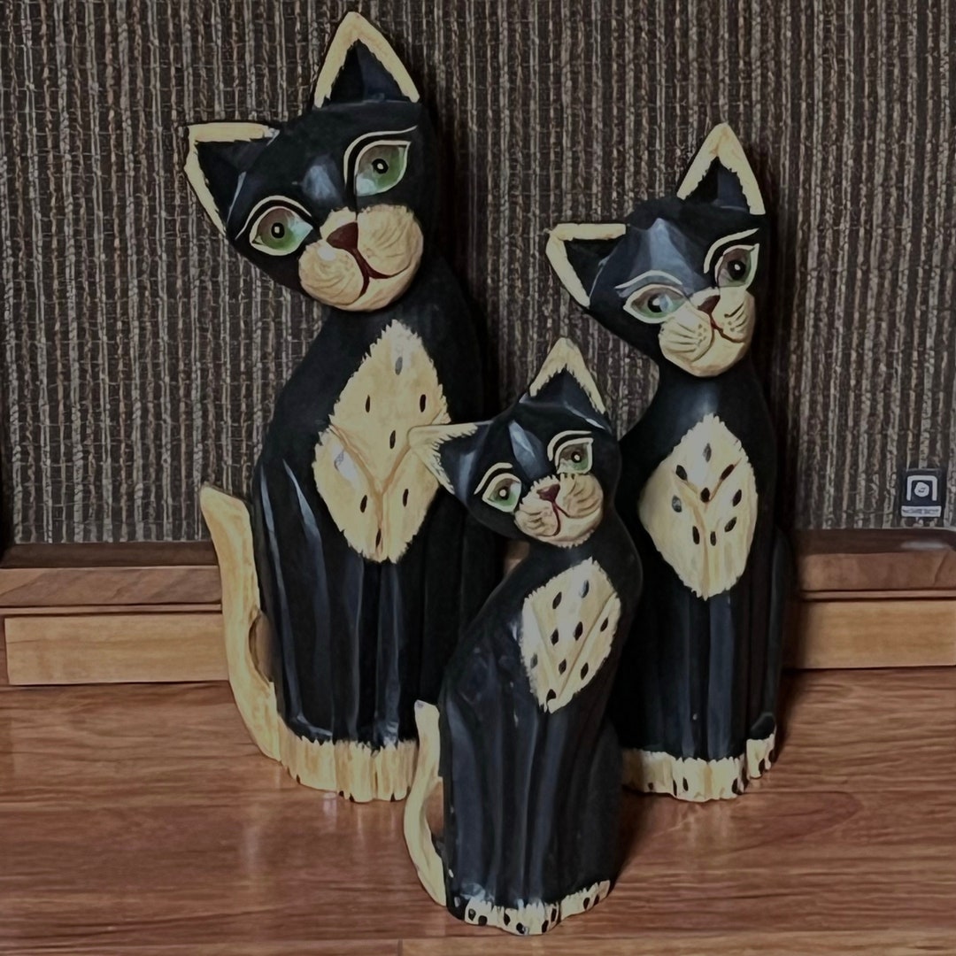 Vintage Wood Cat Statues Hand Painted, Hand Crafted, Kitsch, Boho Cat ...