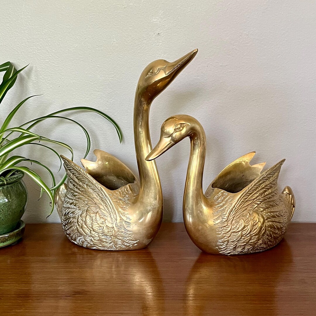 Large Brass Swan Planters, Solid Brass Swans, Vintage Swans, Mid ...