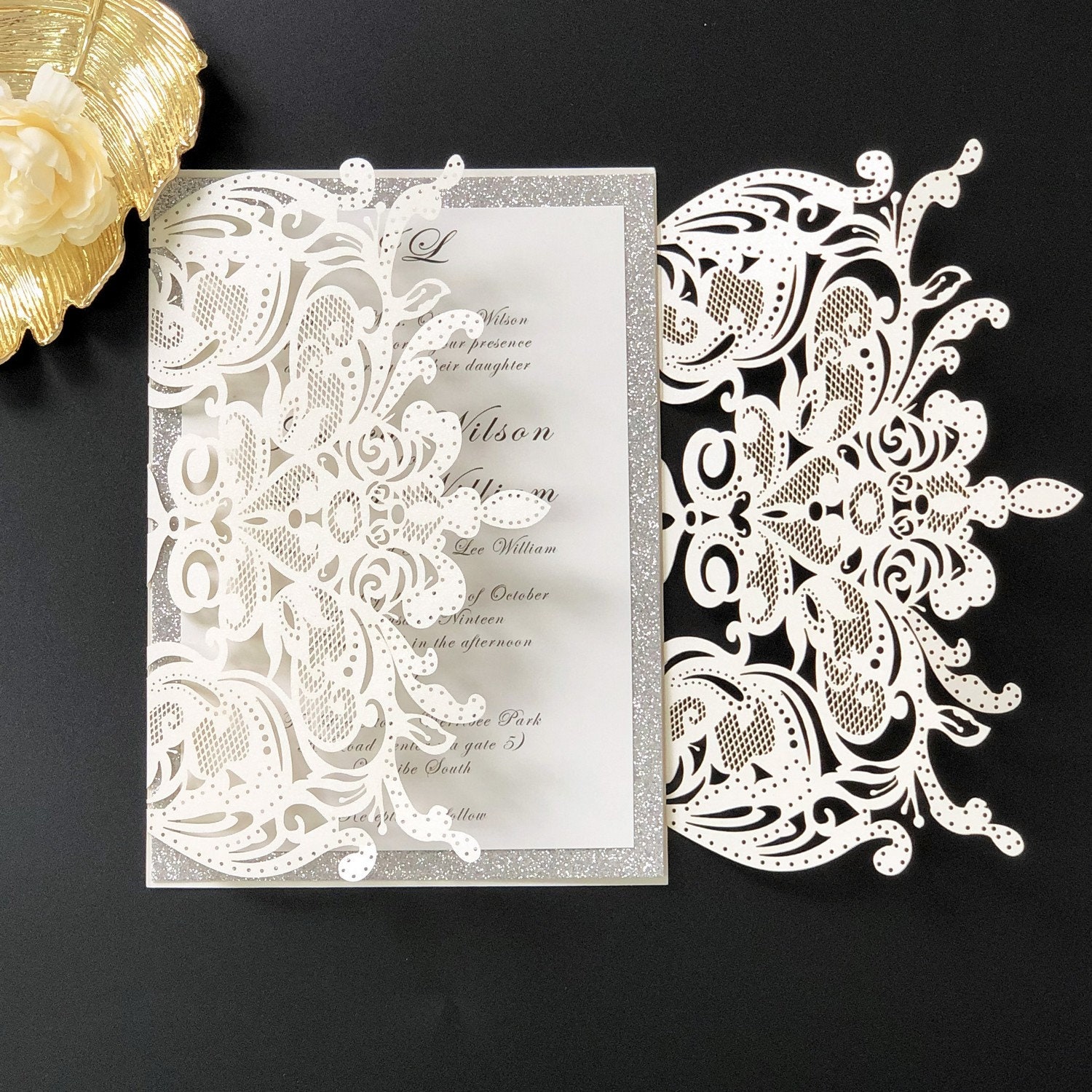 Elegant Laser Cut Wedding Invitations With Glitter Silver | Etsy
