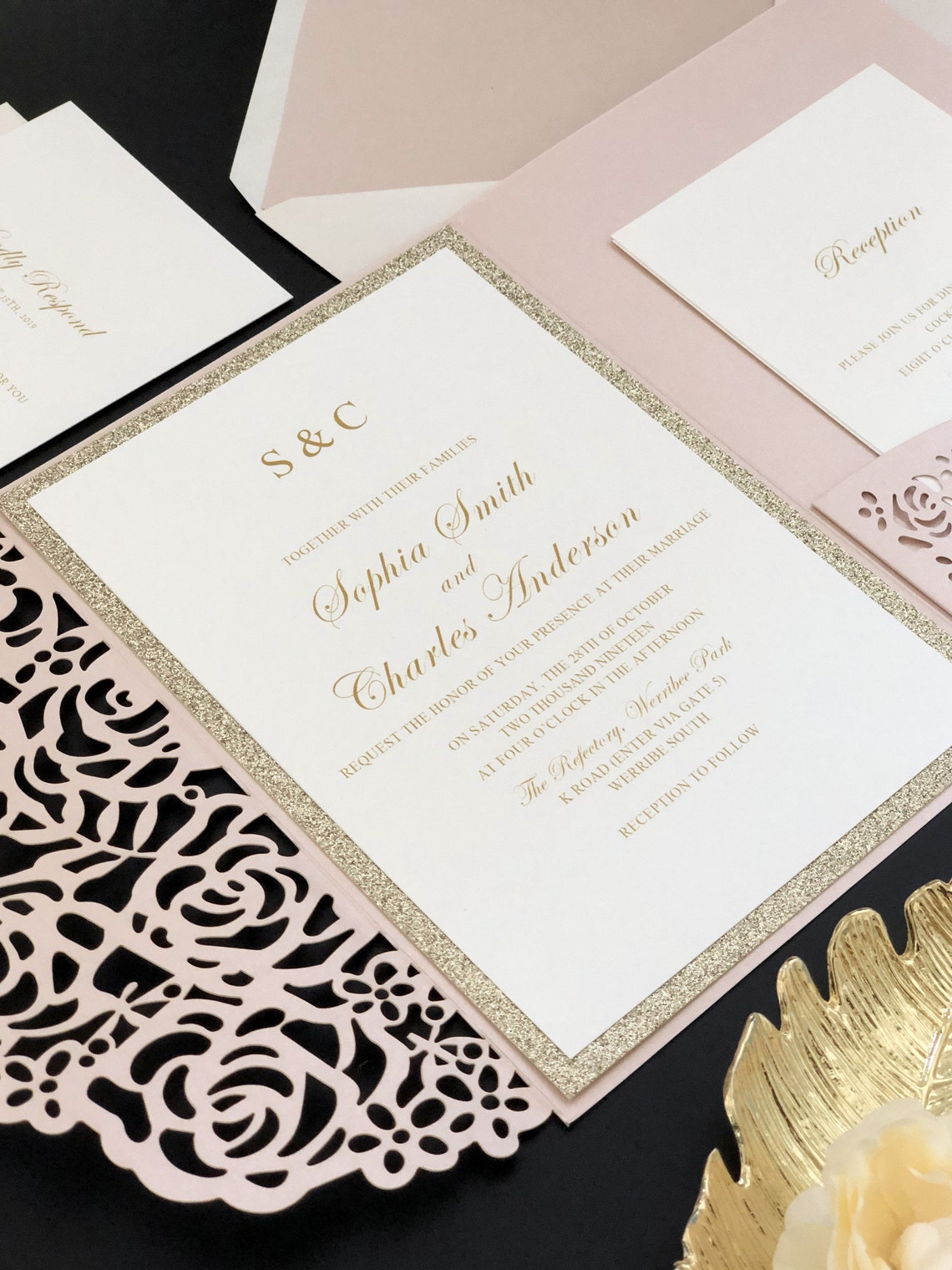 Pink Elegant Wedding Invitations with Glitter Gold Paper and | Etsy