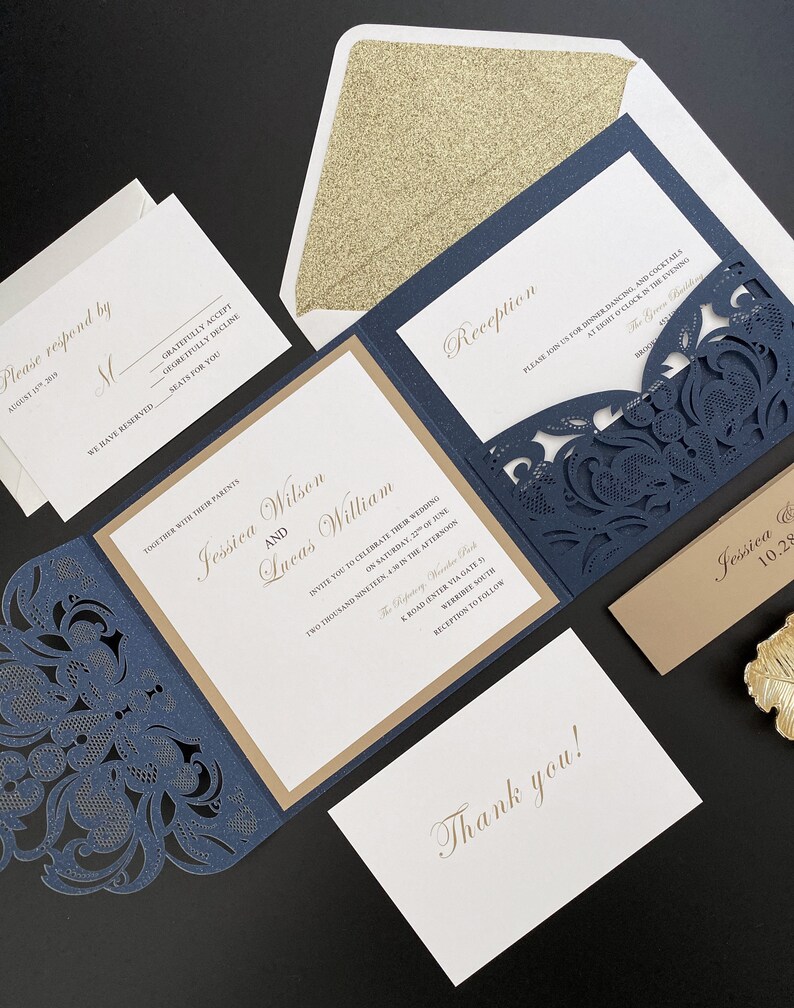 Navy and Gold Wedding Invitations Elegant With Laser Cut - Etsy
