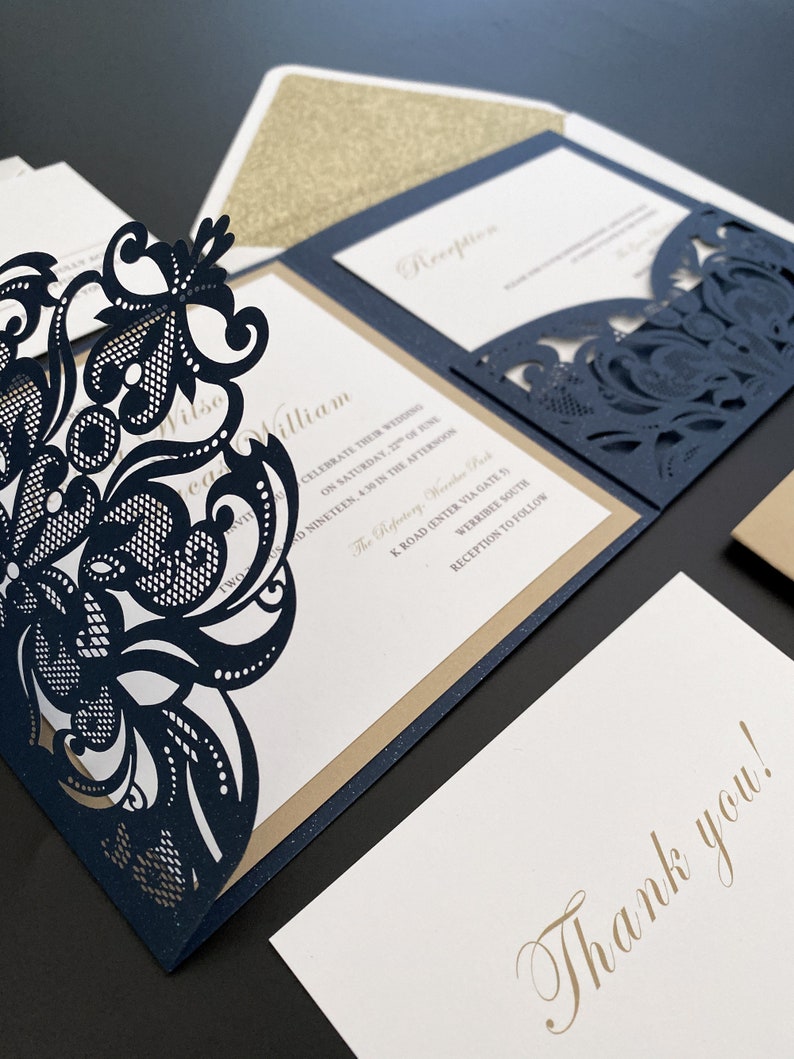 Navy and Gold Wedding Invitations Elegant With Laser Cut - Etsy