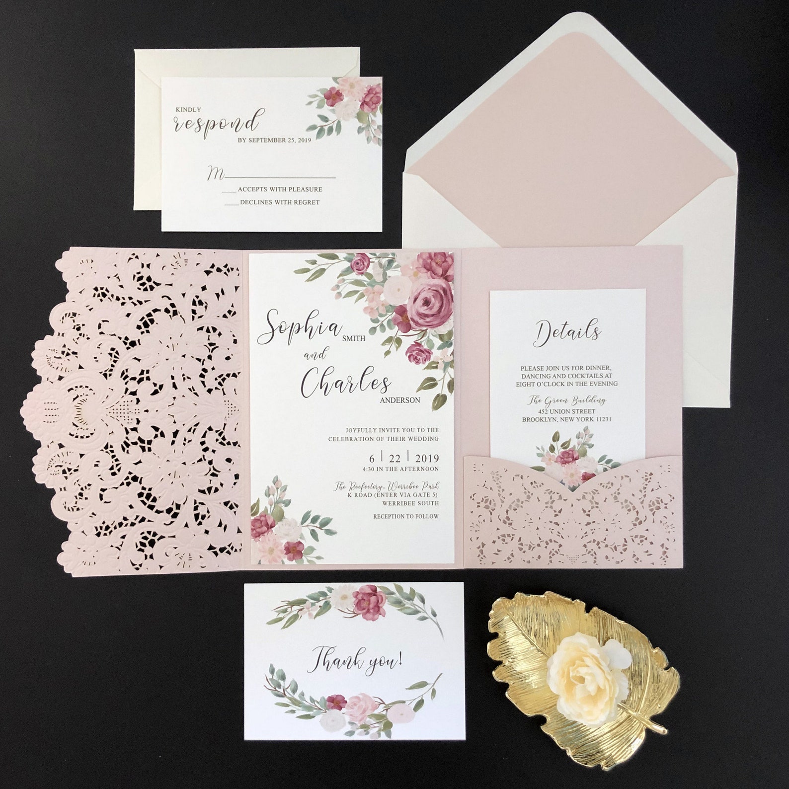 Elegant Pink Wedding Invitations With Laser Cut Pockets-free RSVP Cards ...