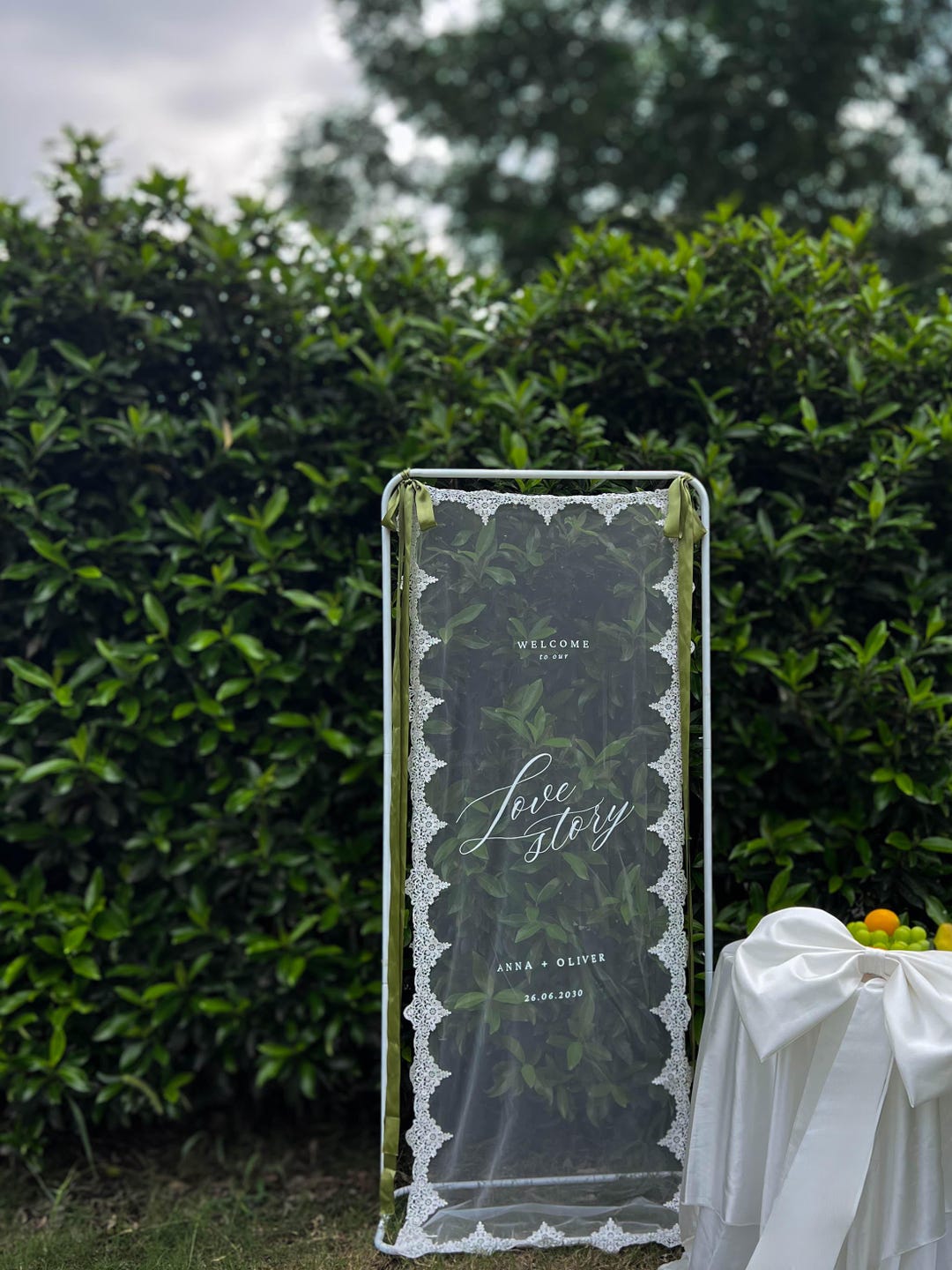 Sheer Lace Welcome Wedding Signage: Clear Tulle, Love Story Fabric ...