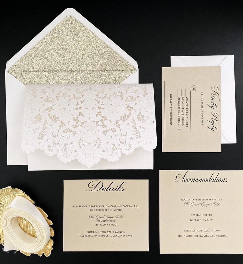 Vintage Laser Cut Wedding Invitations Ivory and Champagne-Free | Etsy