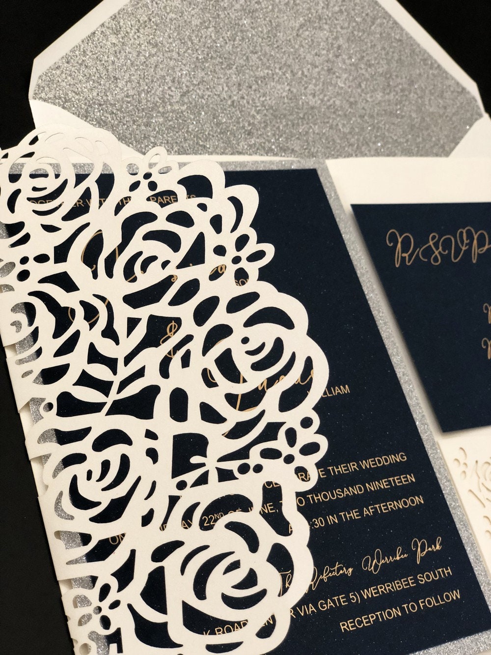 Navy Blue Laser Cut Wedding Invitations With Gold Foiled - Etsy