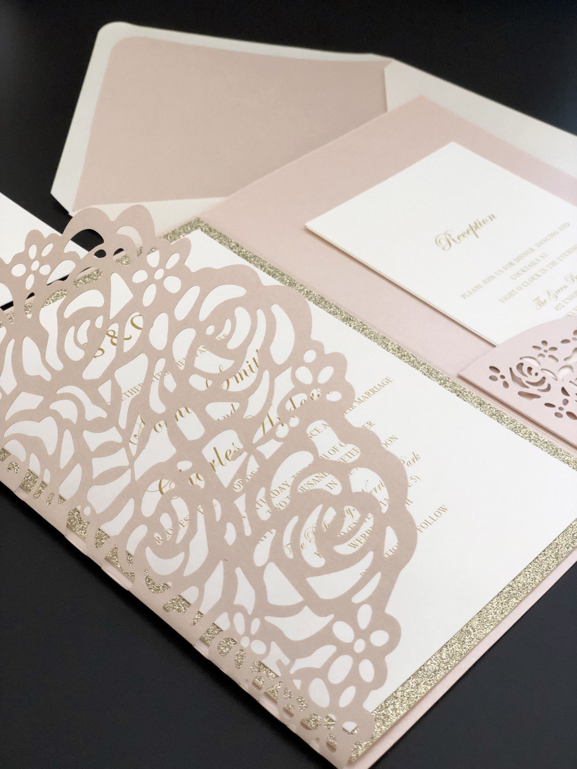 Pink Elegant Wedding Invitations with Glitter Gold Paper and | Etsy