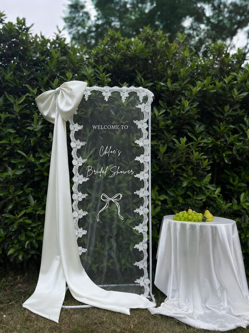Sheer Lace Bridal Shower Welcome Sign on Veil: Clear Tulle, Fabric ...