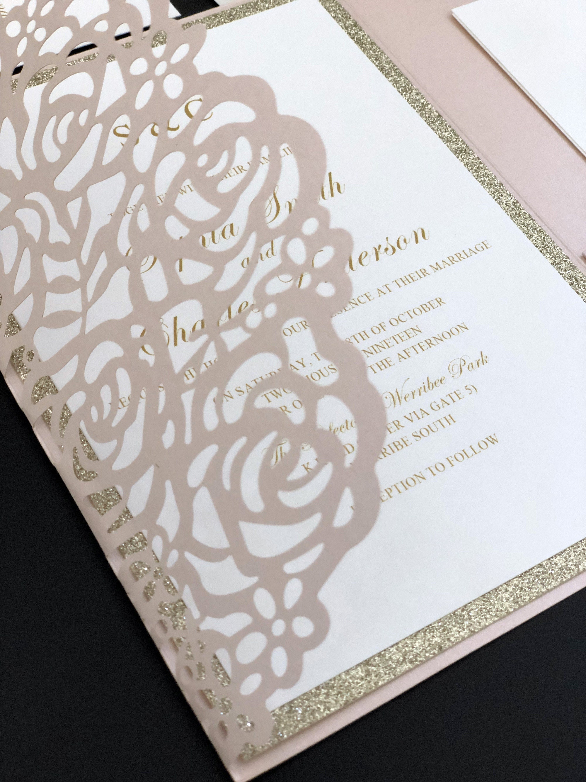 Pink Elegant Wedding Invitations with Glitter Gold Paper and | Etsy